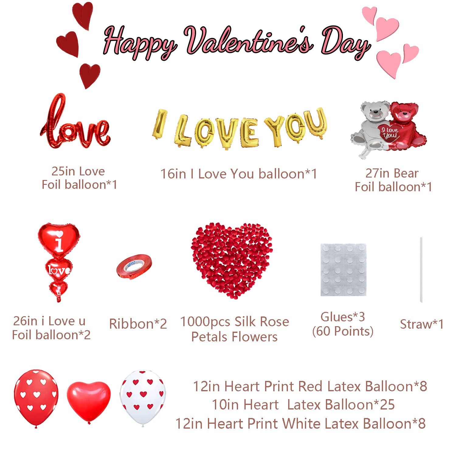 Valentines Day Balloons Decorations I Love You Balloons and Heart Balloons Kit with 1000Pcs Red Silk Rose Petals Flower Decoration Love-Bear Heart Print Balloons Banner for Valentine Party Decorations