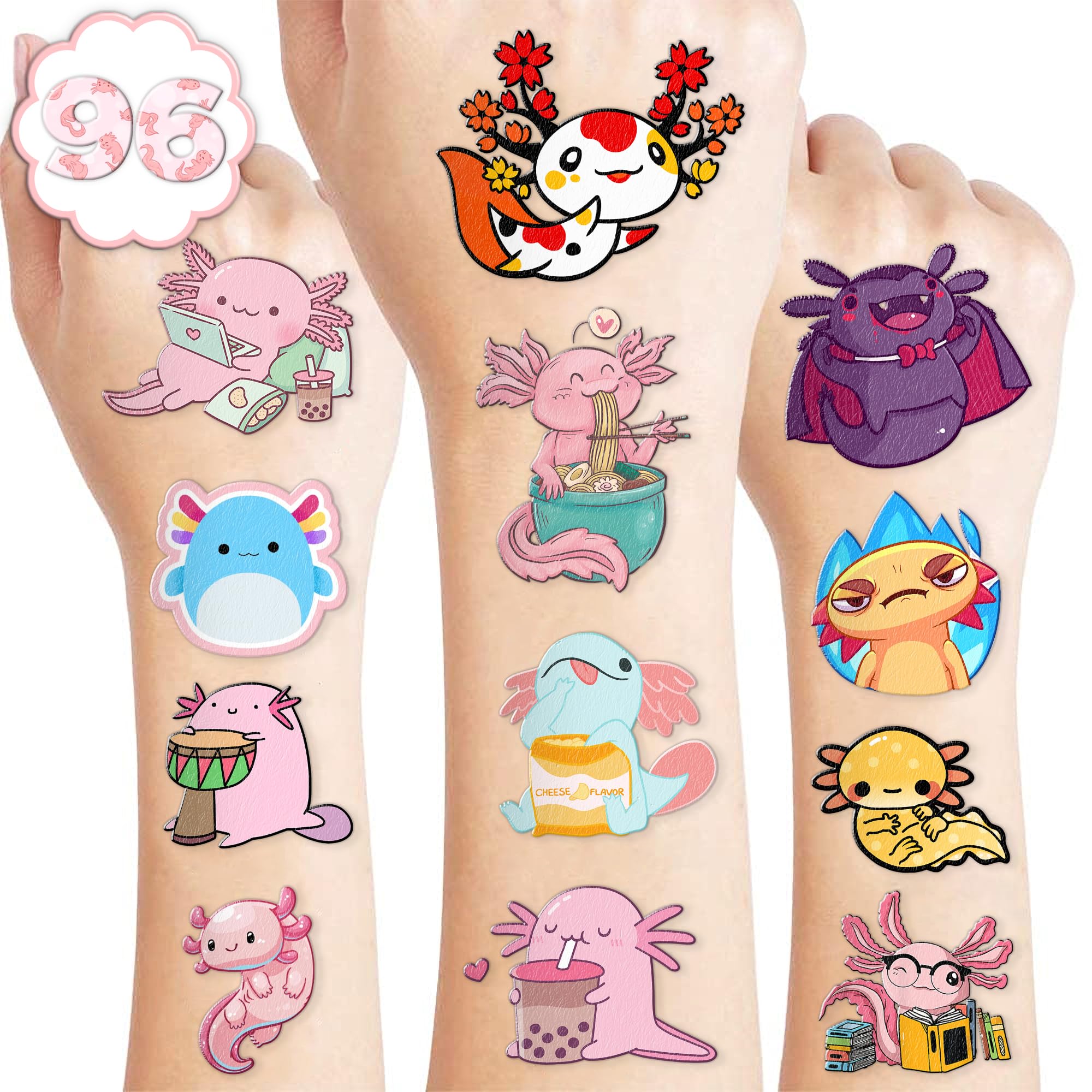 Axolotl Temporary Tattoos Stickers 96PCS Birthday Party Supplies Decorations Fake Tattoos Stickers Super Cute Party Favors for Kids Girls Boys Rewards Gifts Classroom School Prizes Themed