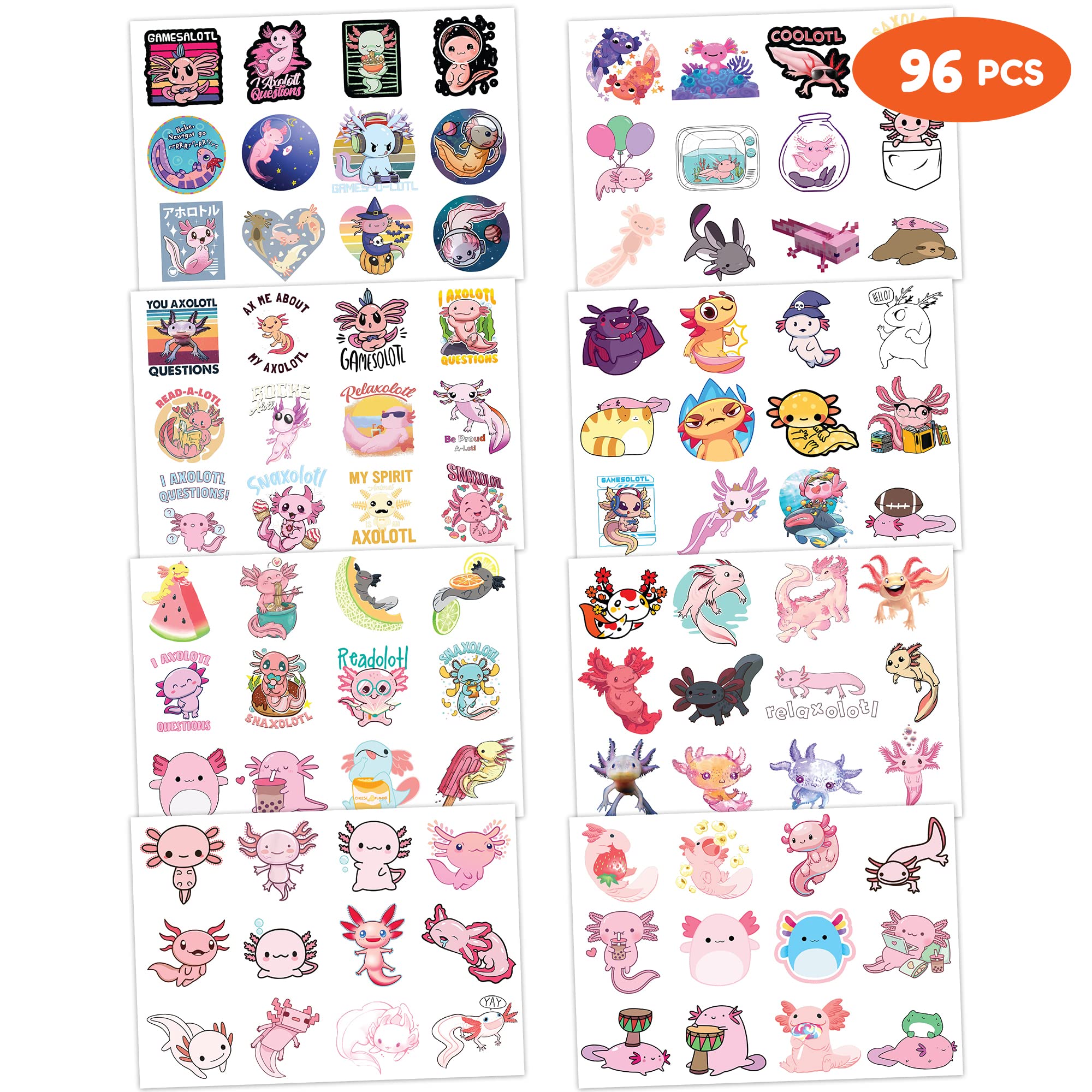 Axolotl Temporary Tattoos Stickers 96PCS Birthday Party Supplies Decorations Fake Tattoos Stickers Super Cute Party Favors for Kids Girls Boys Rewards Gifts Classroom School Prizes Themed