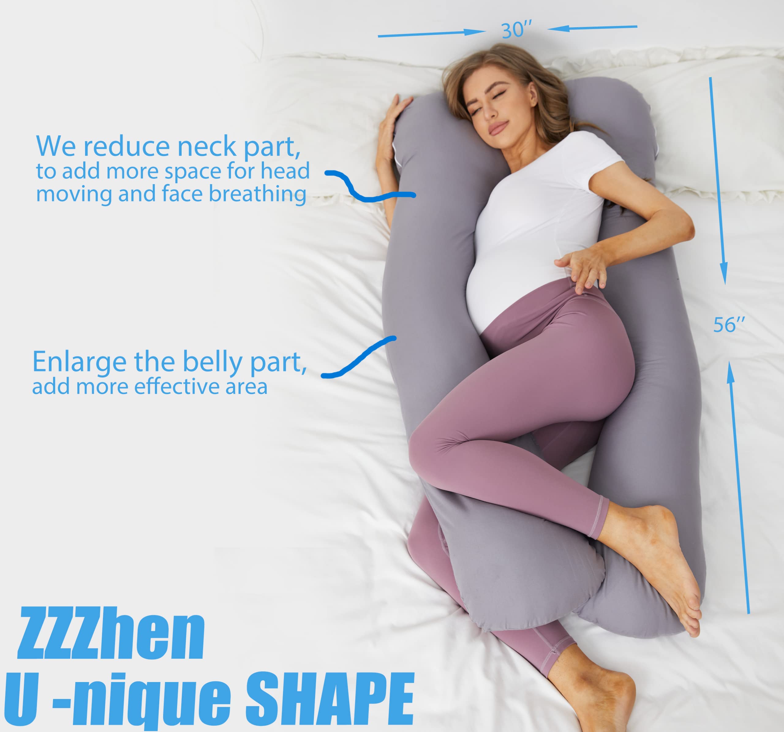 ZZZhen Pregnancy Pillow for Sleeping, U Shaped Maternity Pillow - 56 Inch with Grey Microfiber Removable Cover, Multi- Use and Support Back, HIPS, Legs, Belly for Pregnant Women Sleeping