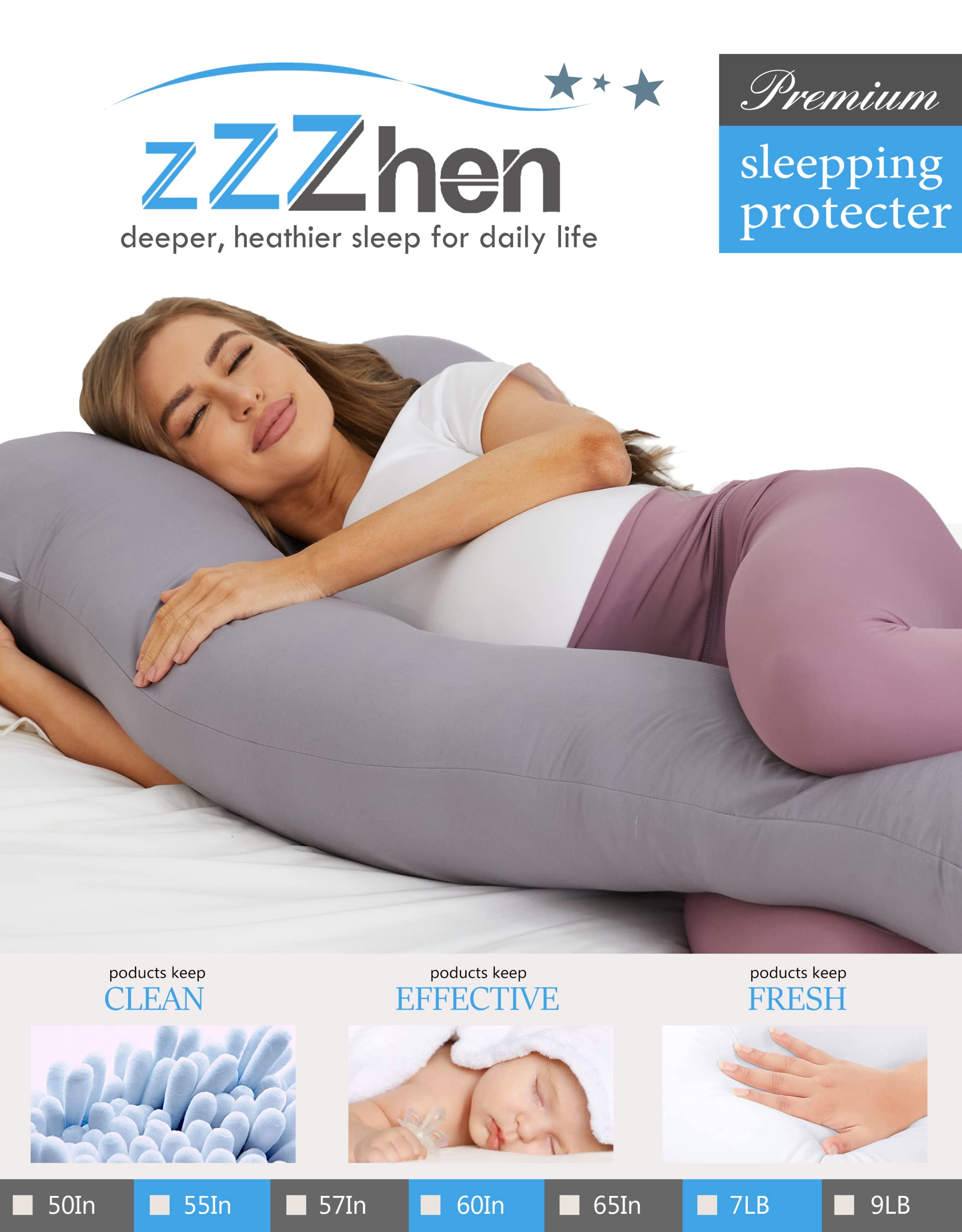 ZZZhen Pregnancy Pillow for Sleeping, U Shaped Maternity Pillow - 56 Inch with Grey Microfiber Removable Cover, Multi- Use and Support Back, HIPS, Legs, Belly for Pregnant Women Sleeping