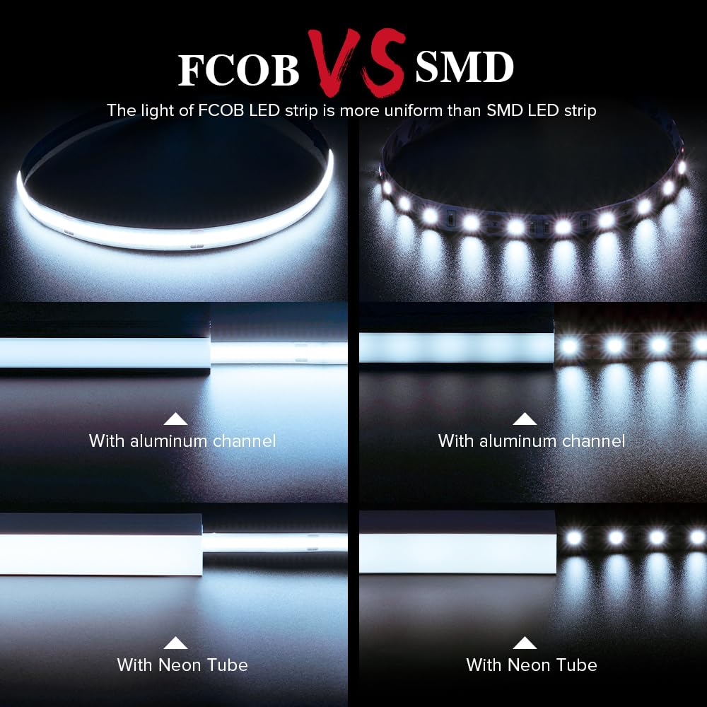 BTF-LIGHTING FCOB COB Flexible High Density Uniform Light LED Strip 14W/m 2x16.4FT Total 32.8FT DC24V Daylight White 6000K 528LED/m CRI 90+ 10mm Width LED Ribbon (No Adapter or Controller)