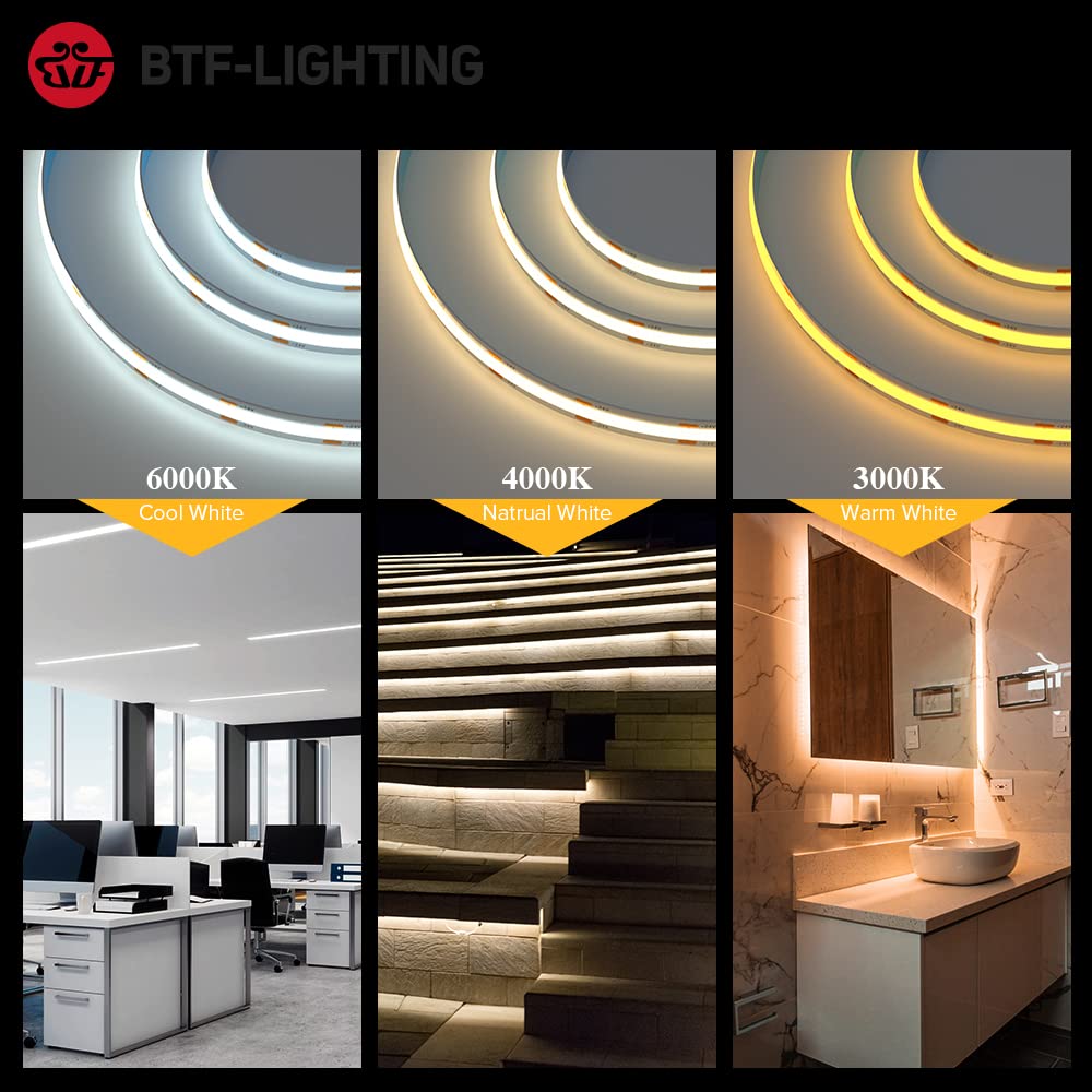 BTF-LIGHTING FCOB COB Flexible High Density Uniform Light LED Strip 14W/m 2x16.4FT Total 32.8FT DC24V Daylight White 6000K 528LED/m CRI 90+ 10mm Width LED Ribbon (No Adapter or Controller)