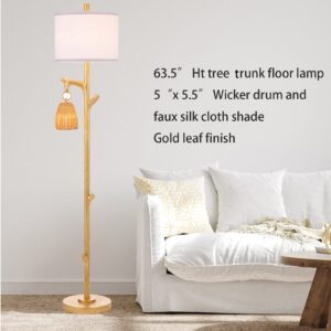 63.5" High Rustic Farmhouse Tree Trunk Floor Lamp Brown Finish Wicker Drum Shade and Linen Fabric Shade Lamp Decor for Living Room Bedroom