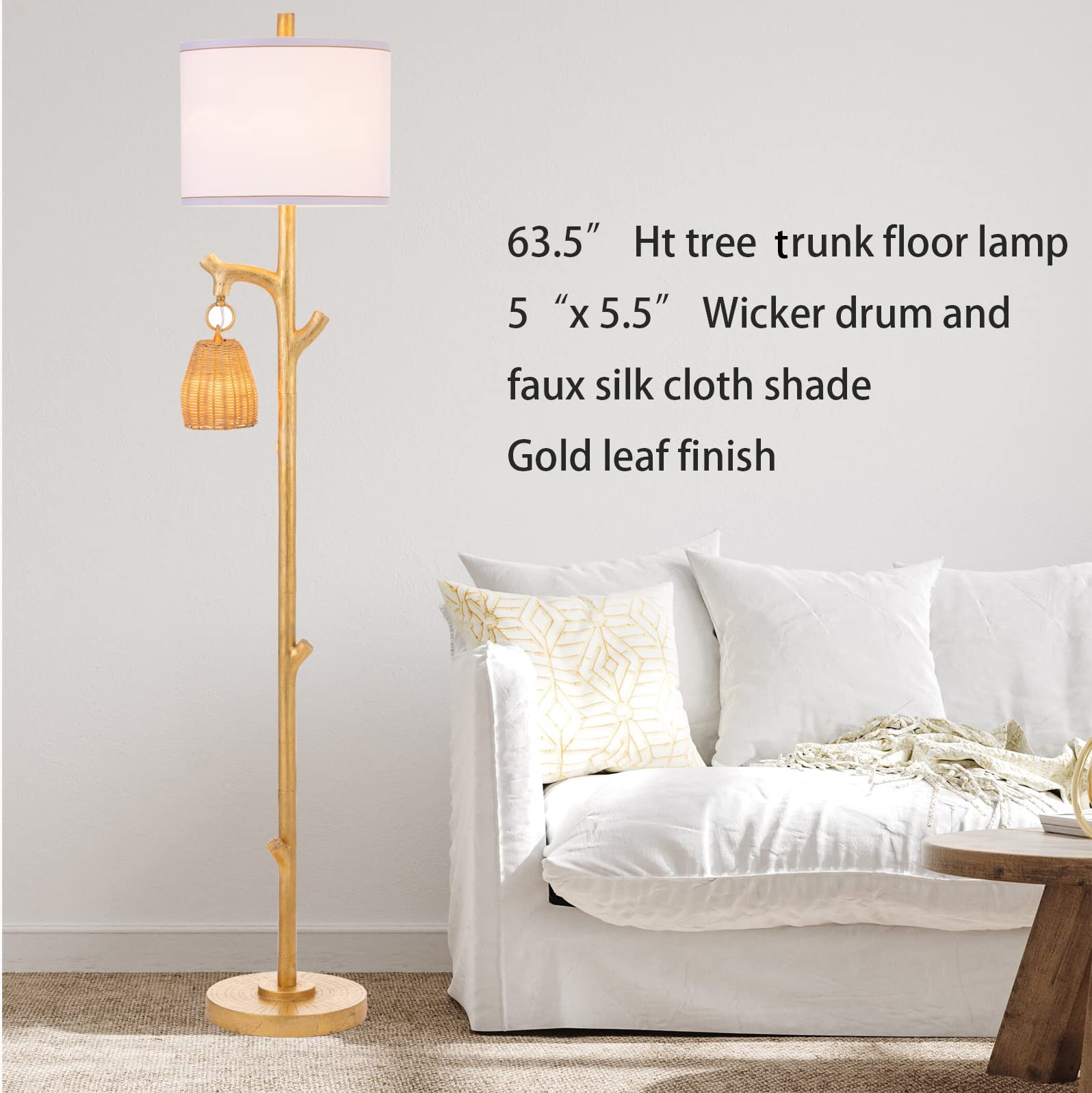 63.5" High Rustic Farmhouse Tree Trunk Floor Lamp Brown Finish Wicker Drum Shade and Linen Fabric Shade Lamp Decor for Living Room Bedroom