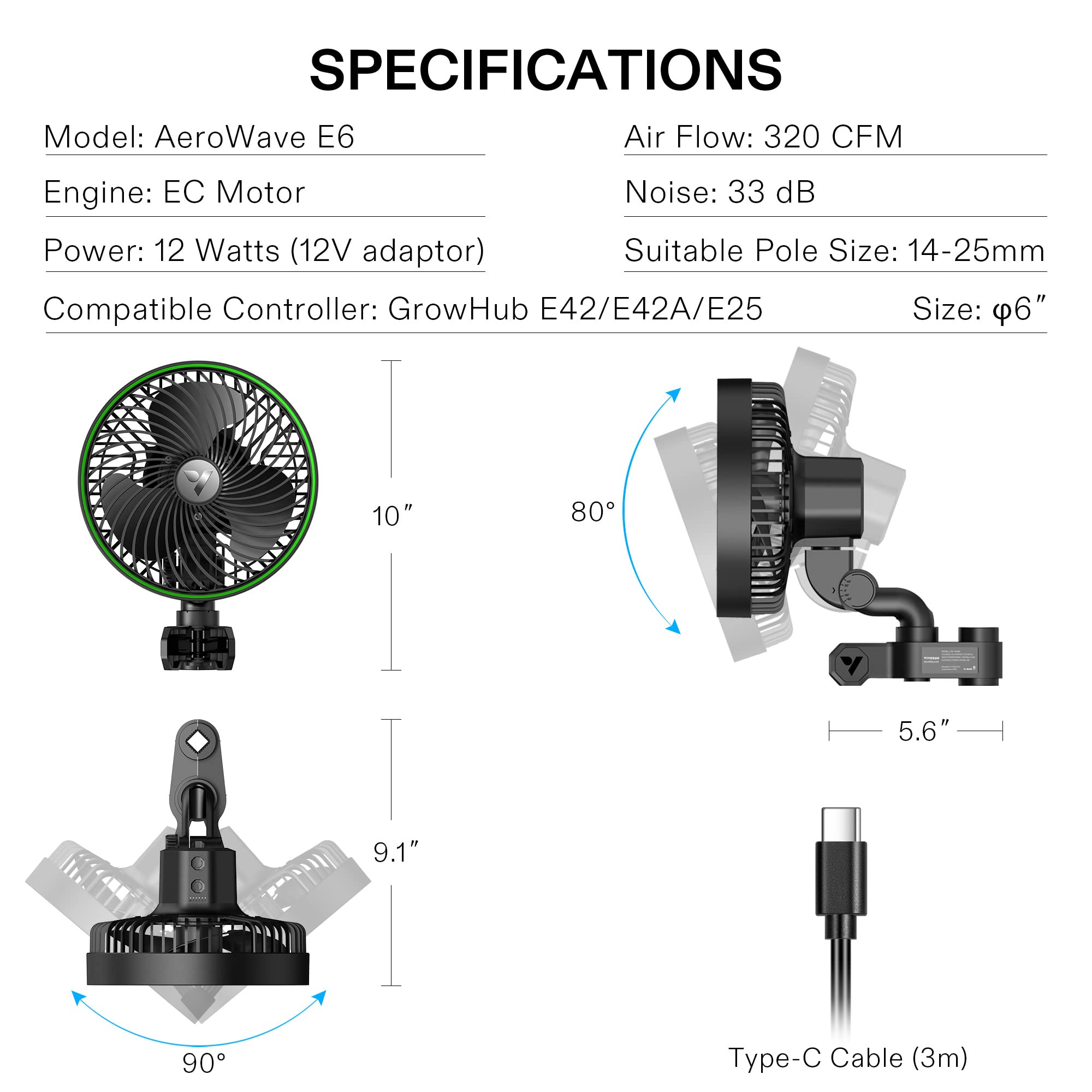 VIVOSUN AeroWave E6 Grow Tent Fan 6”, EC Motor, Smart Wifi Control, US Patented Auto Oscillating Clip fan, Weatherproof IP-54, Strong Airflow but Quiet for Hydroponic Ventilation Circulation