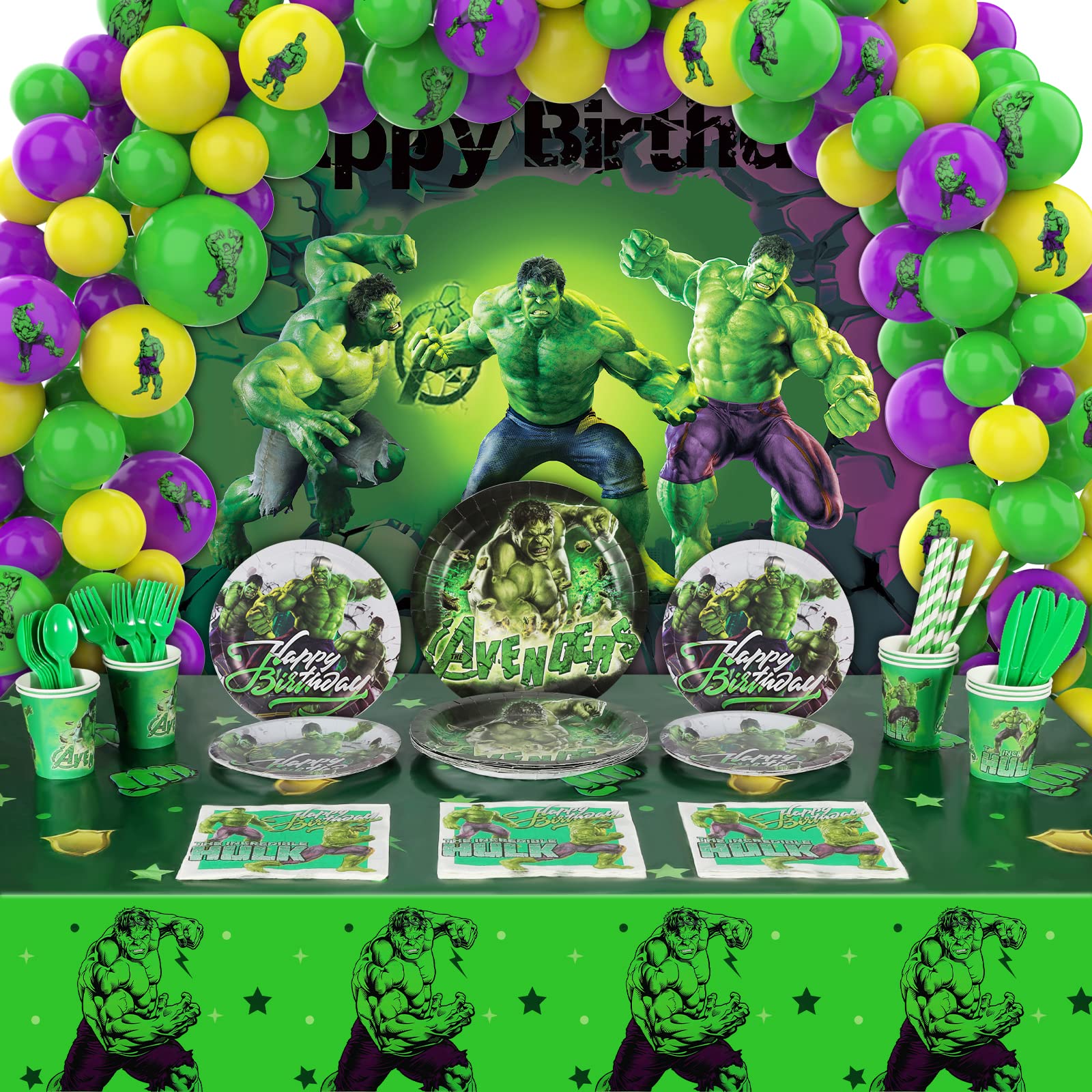 Hulk Birthday Party Supplies Decorations, Hulk Theme Backdrop, Tablecloth Balloons Kit Cups Plates Napkins Tableware Set for Kids Birthday Party Supplies