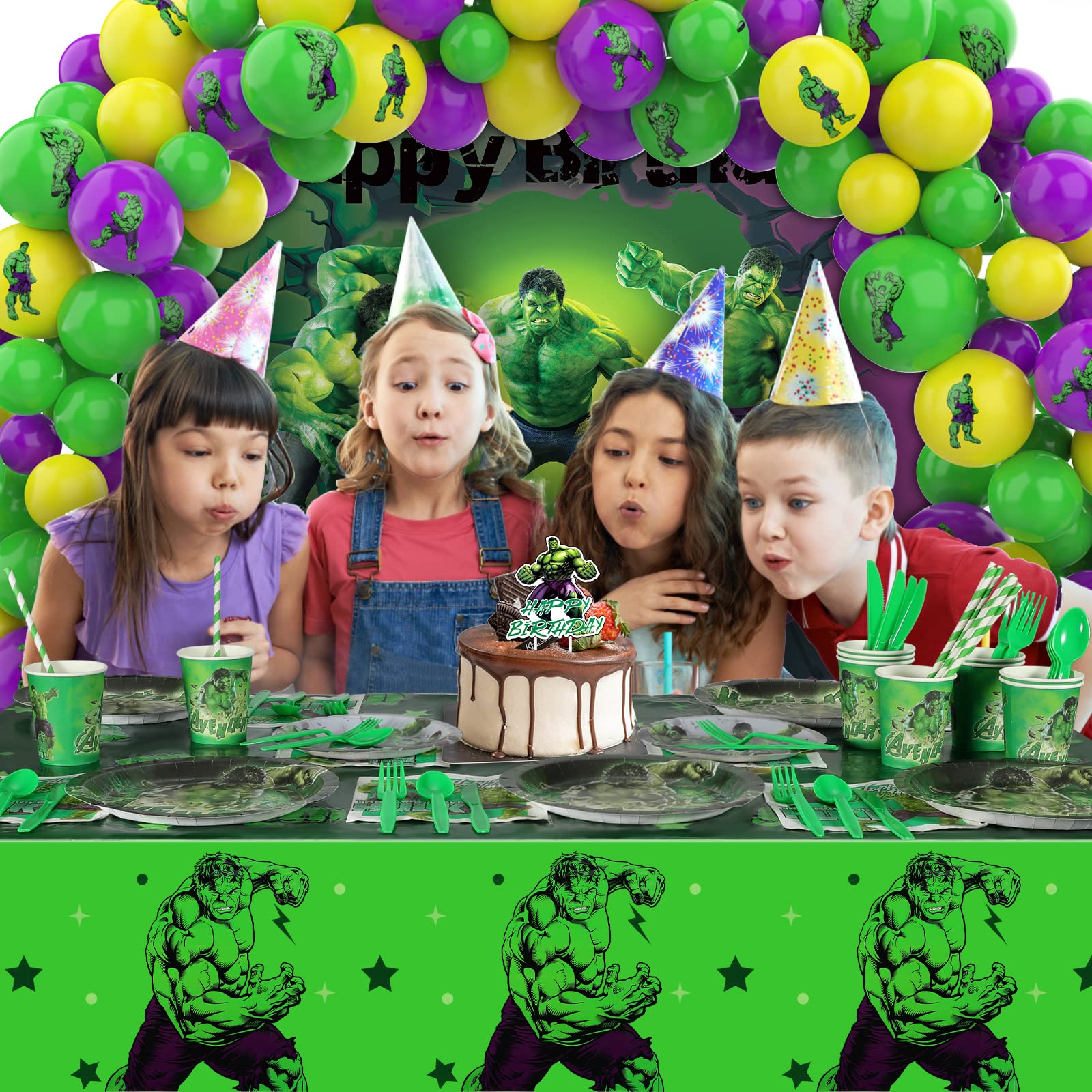 Hulk Birthday Party Supplies Decorations, Hulk Theme Backdrop, Tablecloth Balloons Kit Cups Plates Napkins Tableware Set for Kids Birthday Party Supplies