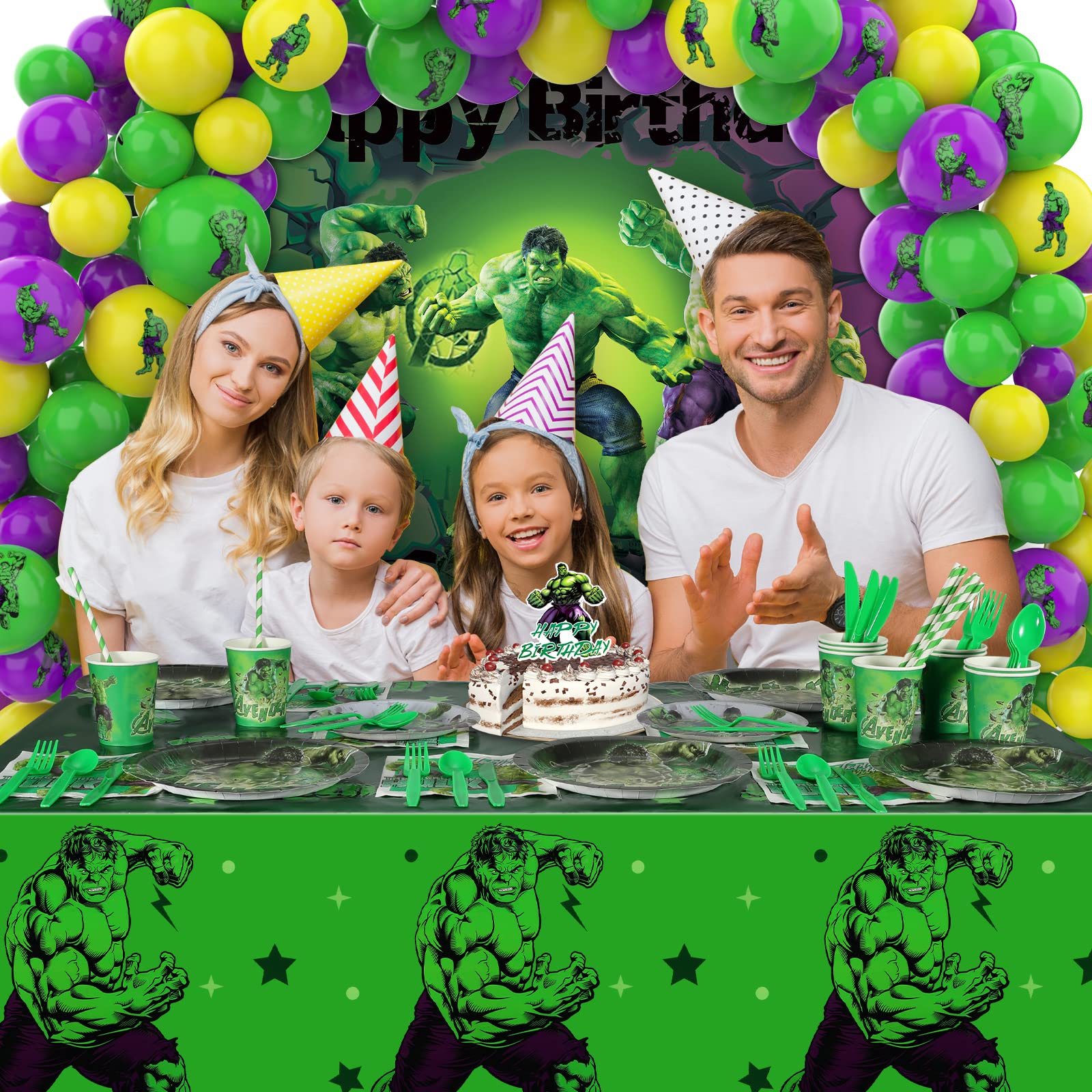 Hulk Birthday Party Supplies Decorations, Hulk Theme Backdrop, Tablecloth Balloons Kit Cups Plates Napkins Tableware Set for Kids Birthday Party Supplies