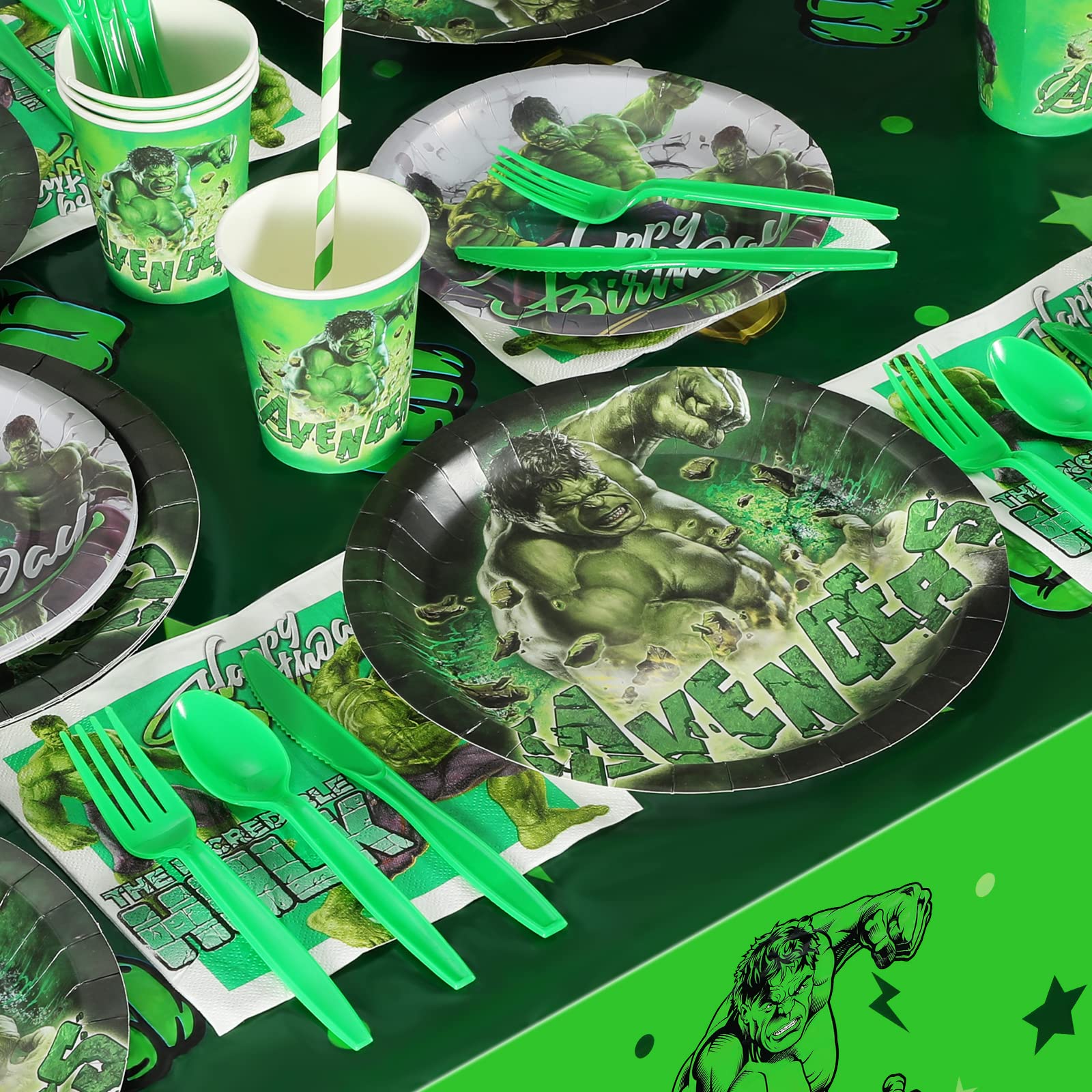 Hulk Birthday Party Supplies Decorations, Hulk Theme Backdrop, Tablecloth Balloons Kit Cups Plates Napkins Tableware Set for Kids Birthday Party Supplies