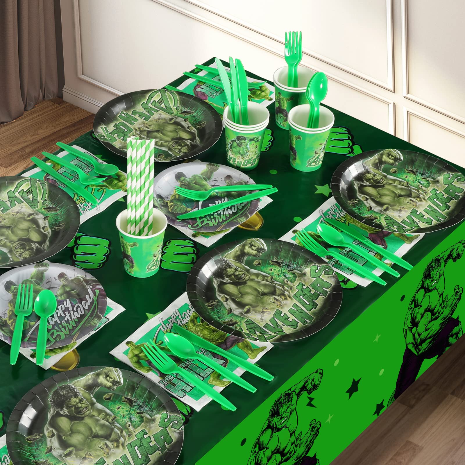 Hulk Birthday Party Supplies Decorations, Hulk Theme Backdrop, Tablecloth Balloons Kit Cups Plates Napkins Tableware Set for Kids Birthday Party Supplies