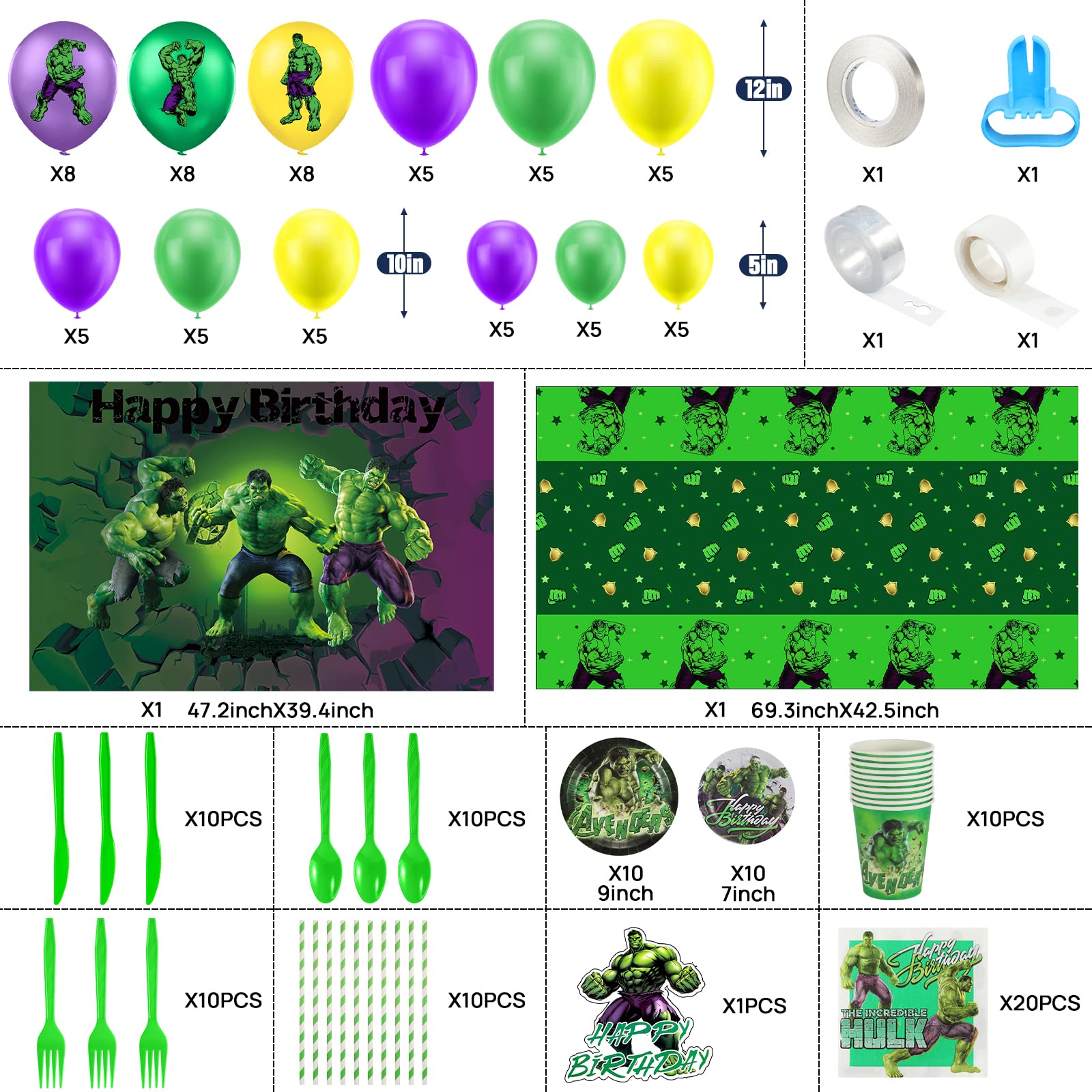 Hulk Birthday Party Supplies Decorations, Hulk Theme Backdrop, Tablecloth Balloons Kit Cups Plates Napkins Tableware Set for Kids Birthday Party Supplies