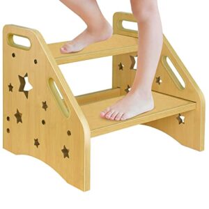 nursery step stool for kids, 2 step toddler step stool with openwork stars, toddler potty training step stool, kitchen step stool with non-slip step treads and 4 cutout handles, toddler step stool