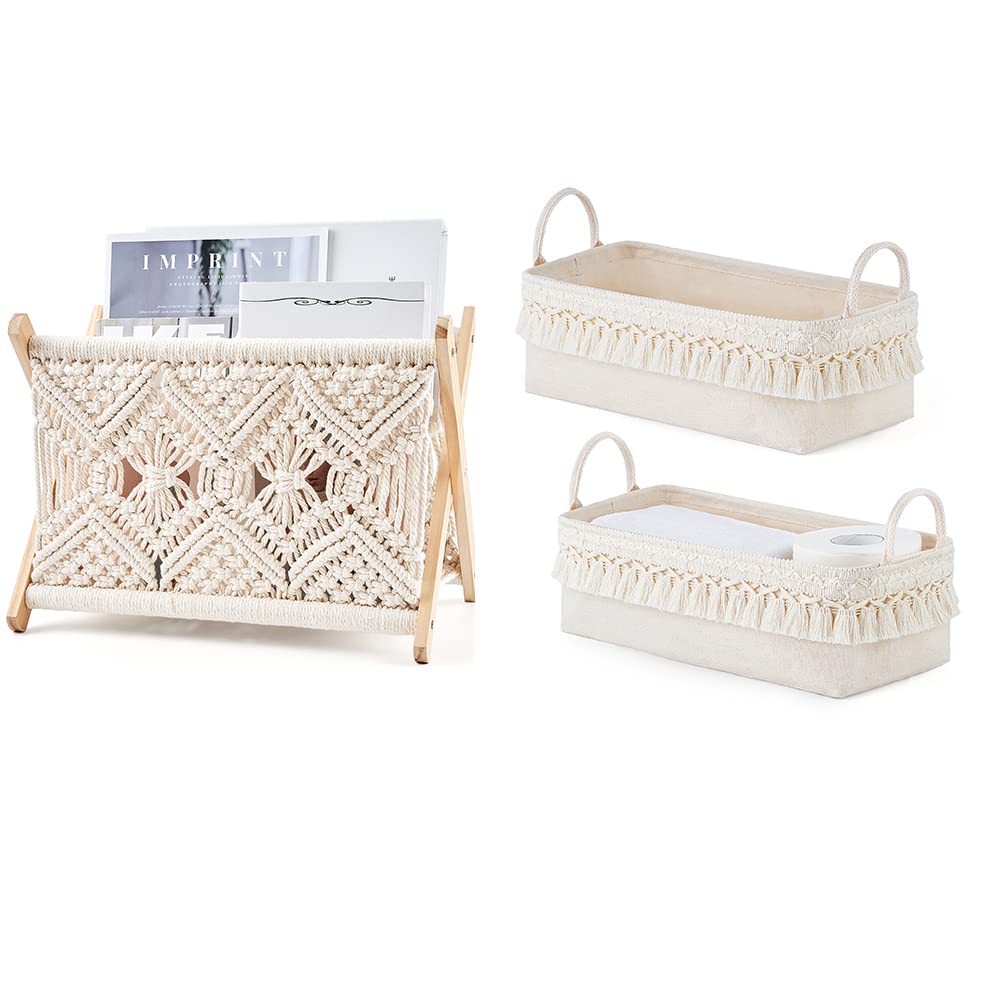 Mkono Macrame Magazine Rack and Boho Storage Baskets Organizer for Home Bedroom Living Room College Dorm Bed, Set of 3