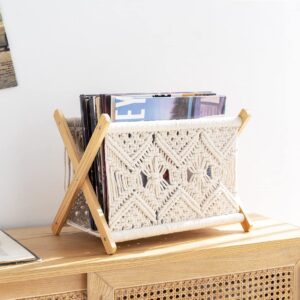 Mkono Macrame Magazine Rack and Boho Storage Baskets Organizer for Home Bedroom Living Room College Dorm Bed, Set of 3