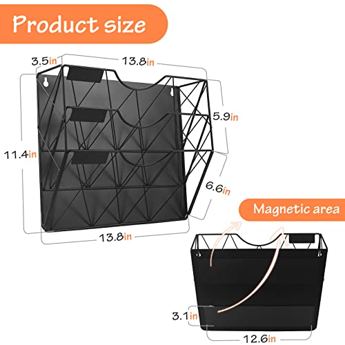 Magnetic File Holder, File Organizer for File Cabinets, Mail Organizer Vertical Magazine Holder for Refrigerator, No-Drill Mount Hanging Magnetic Folder Holder for Office Home（3-Tier, Black)