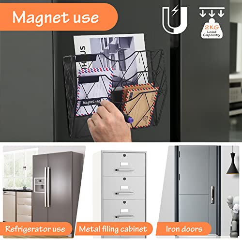 Magnetic File Holder, File Organizer for File Cabinets, Mail Organizer Vertical Magazine Holder for Refrigerator, No-Drill Mount Hanging Magnetic Folder Holder for Office Home（3-Tier, Black)