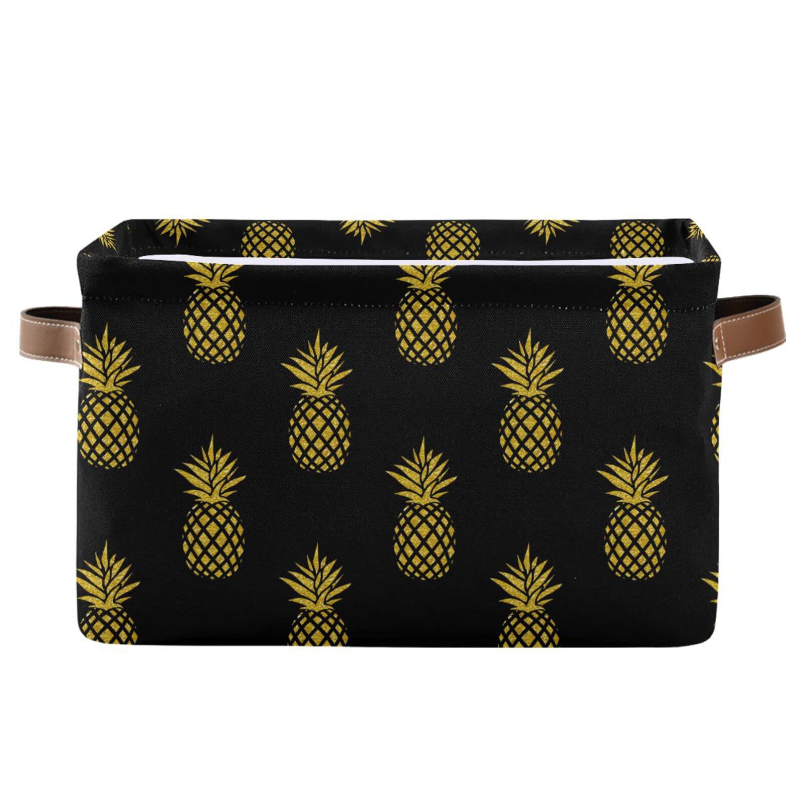 ALAZA Gold Pineapple on Black Large Storage Baskets with Handles Foldable Decorative 2 Pack Storage Bins Boxes for Organizing Living Room Shelves Office Closet Clothes