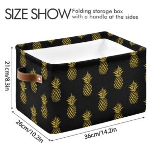 ALAZA Gold Pineapple on Black Large Storage Baskets with Handles Foldable Decorative 2 Pack Storage Bins Boxes for Organizing Living Room Shelves Office Closet Clothes