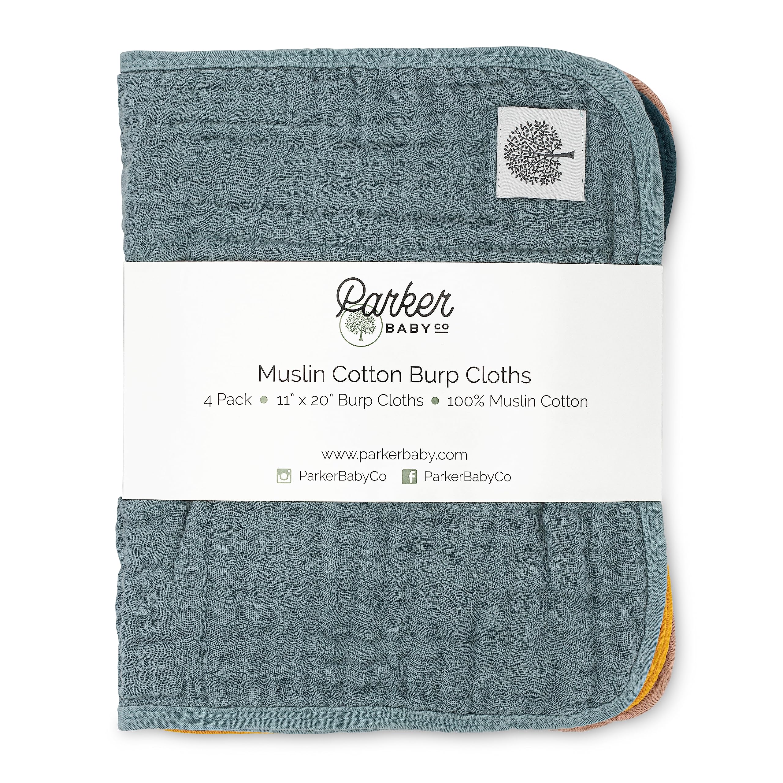 Parker Baby Muslin Burp Cloths | 100% Cotton Burping Clothes, Newborn Essential | Must-Have Baby Registry, Modern and Trendy Colors | 20"x11" Unisex Large Baby Burp Cloths, 4-Pack Dune Set