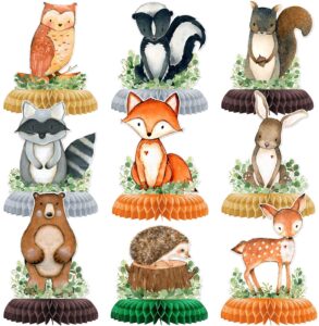 9pcs woodland animals honeycomb centerpieces, woodland baby shower for table decorations, forest themed birthday party supplies, wild one birthday party decorations for boys girls