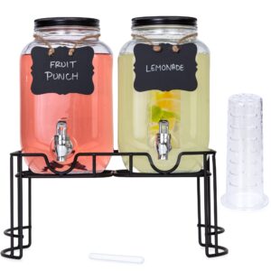 beverage dispenser with stand for parties - two 1 gallon glass mason jar drink dispensers with stand for water, lemonade, punch, juice or adult beverages