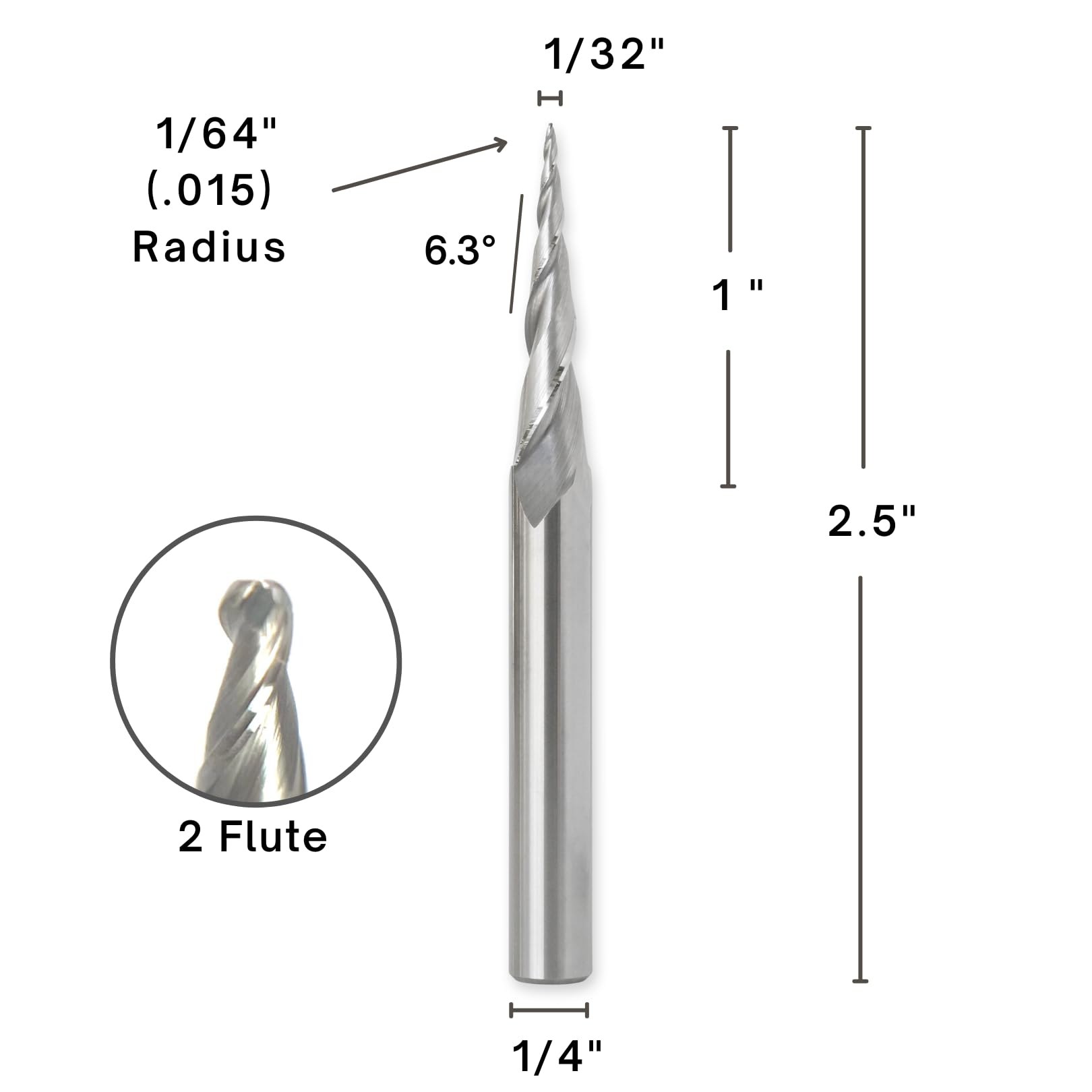 ROUTYBITS - 1/32” Tip Diameter (0.015 in Radius), Tapered Ball Nose Router Bit, 1/4 Inch Dia Shank, 6.3 Degree, Solid Carbide Spiral End Mill, 3D Carving and Engraving, CNC Router Bits