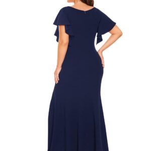 Ever-Pretty Women's Plus Size V-Neck Ruffle Sleeves Side Slit Mermaid Elastic Empire Prom Dress Formal Dress Navy Blue L