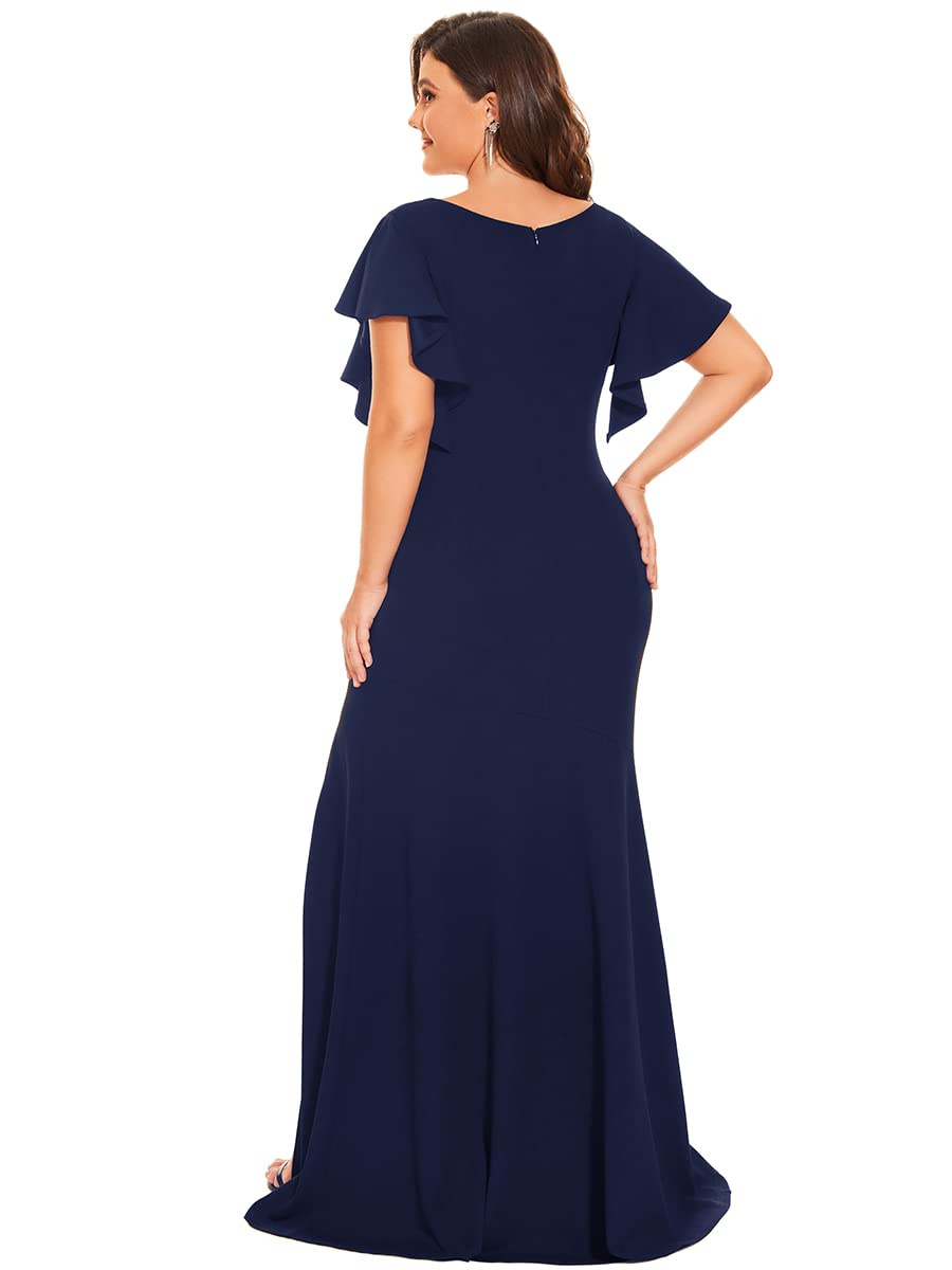 Ever-Pretty Women's Plus Size V-Neck Ruffle Sleeves Side Slit Mermaid Elastic Empire Prom Dress Formal Dress Navy Blue L