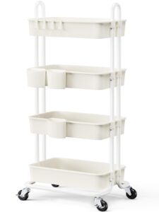 pipishell 4-tier rolling cart, utility cart with lockable casters, pp plastic storage baskets, hanging cups & hooks, rolling cart for living room, bedroom, kitchen, bathroom, art studio(white)