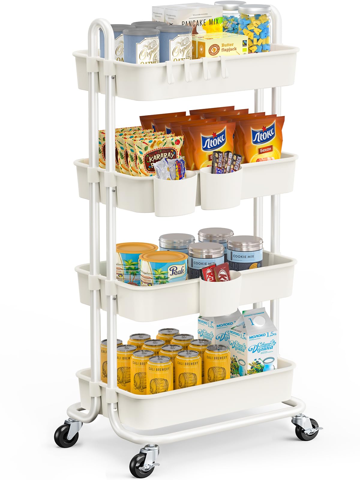 Pipishell 4-Tier Rolling Cart, Utility Cart with Lockable Casters, PP Plastic Storage Baskets, Hanging Cups & Hooks, Rolling Cart for Living Room, Bedroom, Kitchen, Bathroom, Art Studio(White)