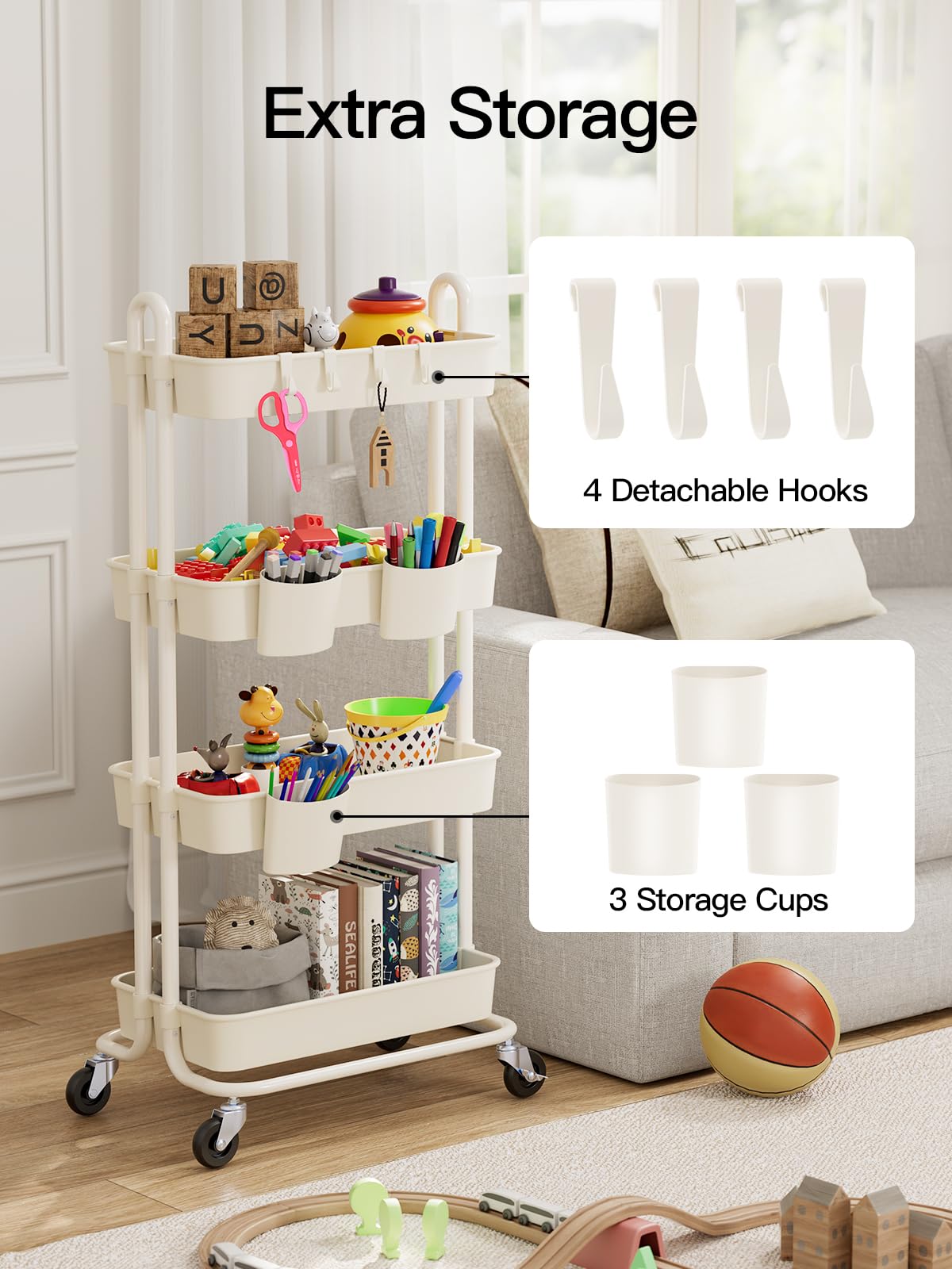 Pipishell 4-Tier Rolling Cart, Utility Cart with Lockable Casters, PP Plastic Storage Baskets, Hanging Cups & Hooks, Rolling Cart for Living Room, Bedroom, Kitchen, Bathroom, Art Studio(White)