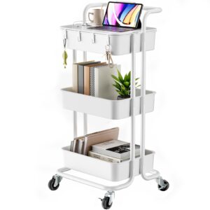 pipishell 3 tier rolling cart with table top, utility cart with wheels & 4 hooks, rolling storage cart for home storage and organization, white, piuc09w