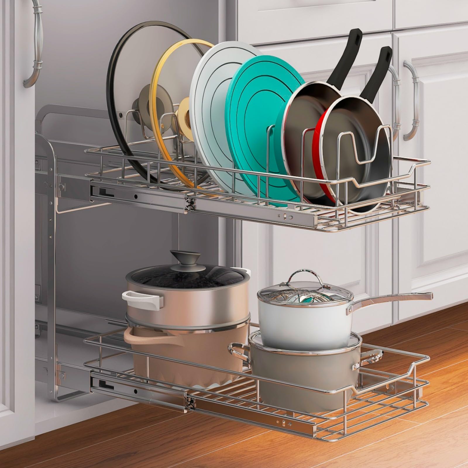 BOIVSHI Pull Out Cabinet Organizer, 2 Tier Cabinet Pull Out Shelves (12" W X 19" D) Slide Out Cabinet Organizer for Kitchen, Bathroom, Pantry, Chrome