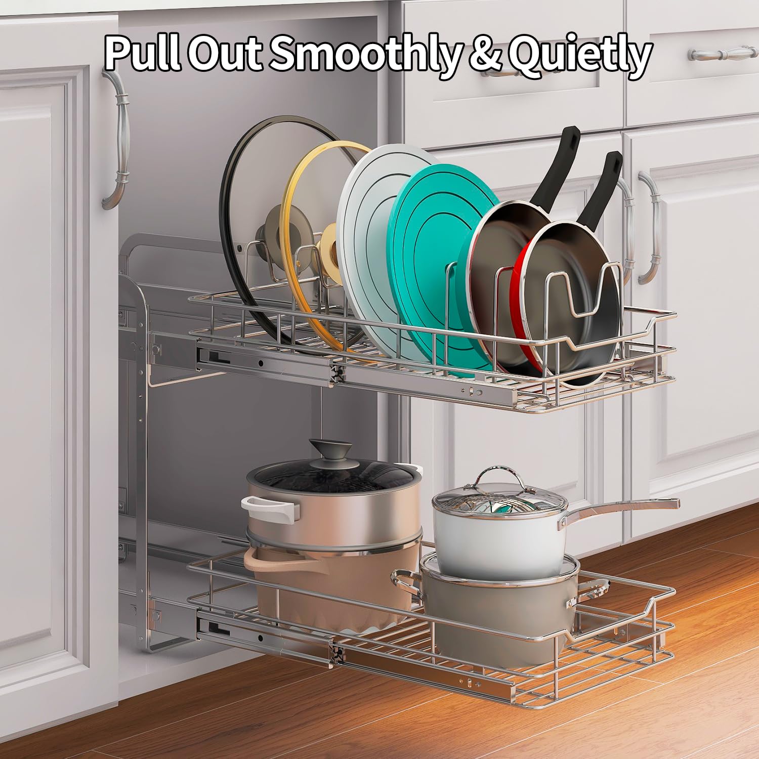 BOIVSHI Pull Out Cabinet Organizer, 2 Tier Cabinet Pull Out Shelves (12" W X 19" D) Slide Out Cabinet Organizer for Kitchen, Bathroom, Pantry, Chrome