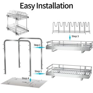 BOIVSHI Pull Out Cabinet Organizer, 2 Tier Cabinet Pull Out Shelves (12" W X 19" D) Slide Out Cabinet Organizer for Kitchen, Bathroom, Pantry, Chrome