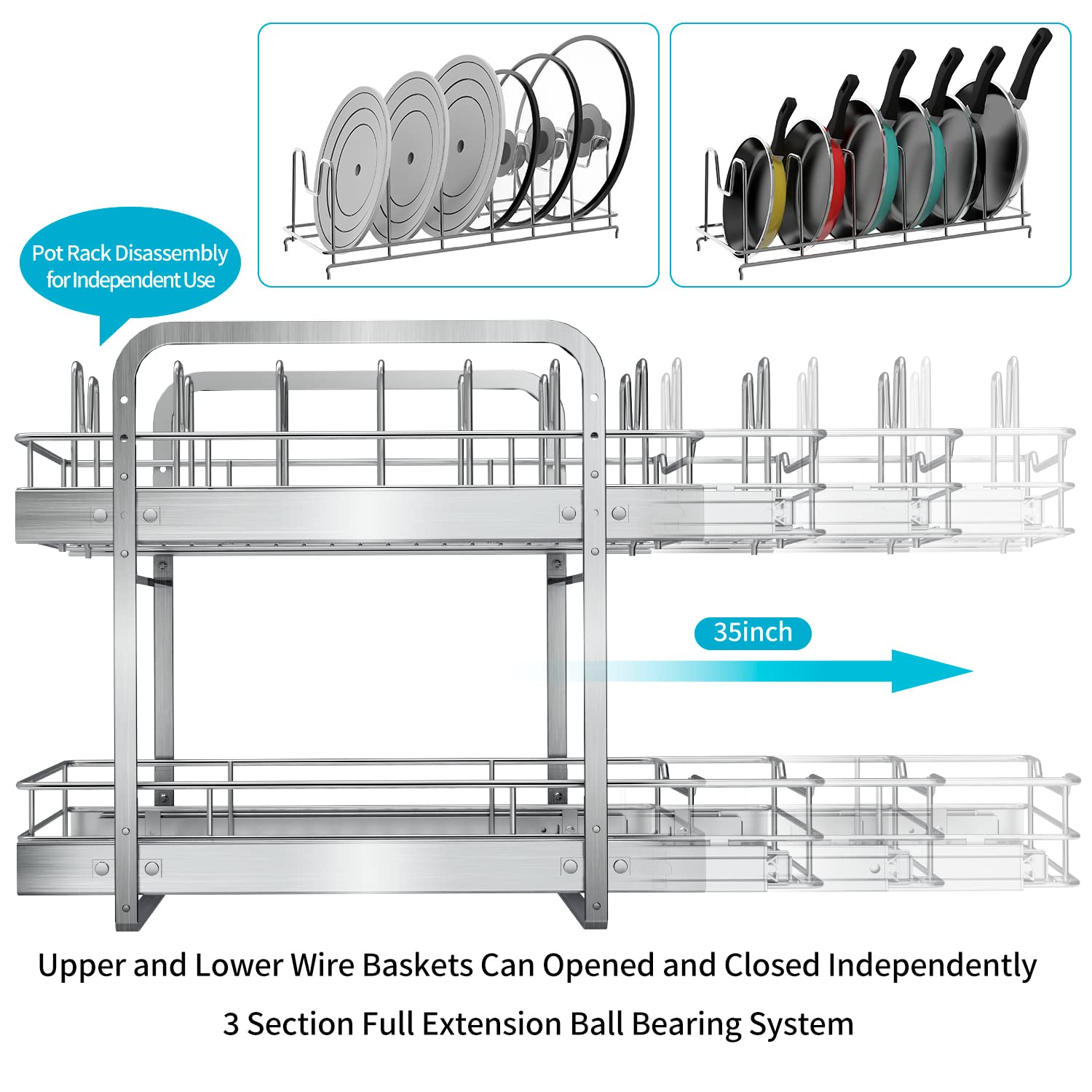 BOIVSHI Pull Out Cabinet Organizer, 2 Tier Cabinet Pull Out Shelves (12" W X 19" D) Slide Out Cabinet Organizer for Kitchen, Bathroom, Pantry, Chrome