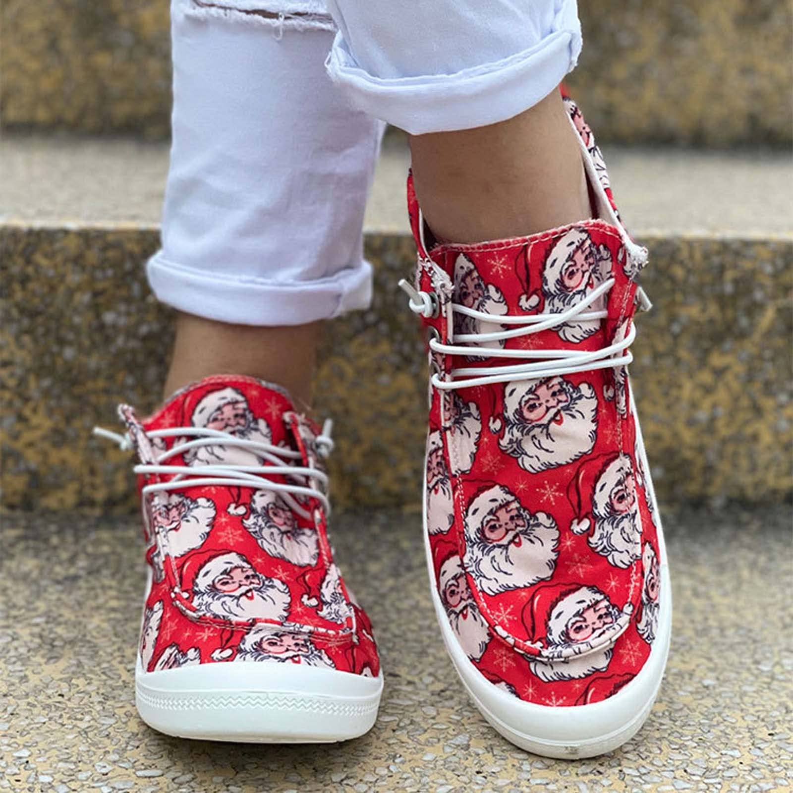 Women's Christmas Shoes Lace Up Fashion Sneakers Low Top Canvas Shoes Snowman Print Lightweight Walking Shoes Red