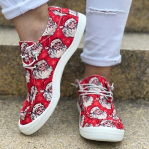 Women's Christmas Shoes Lace Up Fashion Sneakers Low Top Canvas Shoes Snowman Print Lightweight Walking Shoes Red