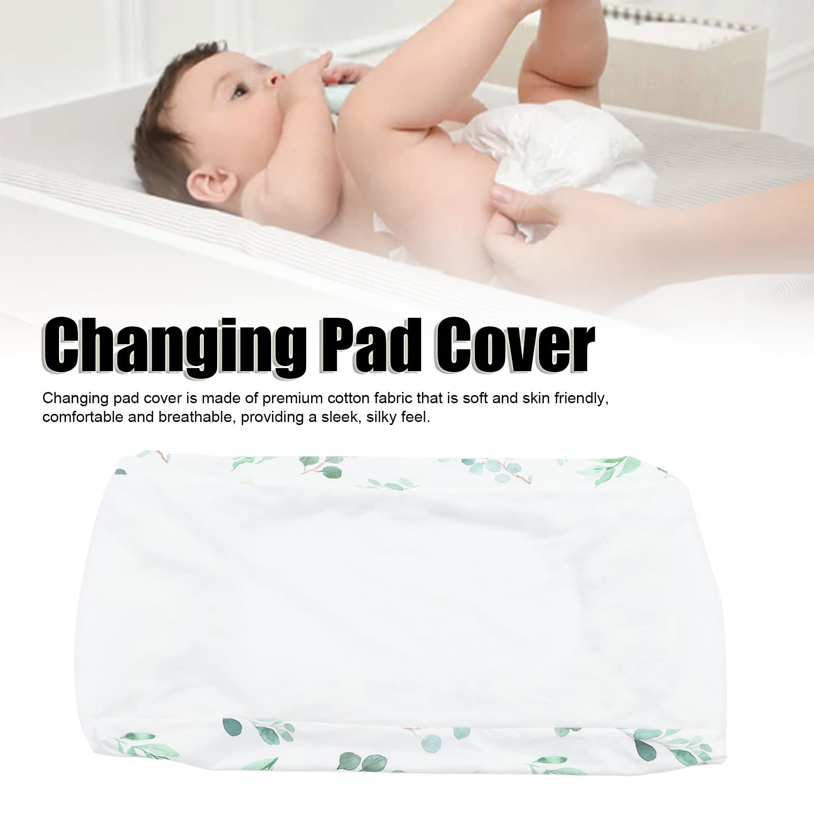 Changing Table, Easycare Soft Cotton, Beautifully Printed Changing Table Cover (Green Leaves, White Plush)