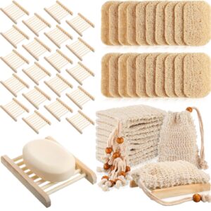 60 pcs soap accessories set including 20 pcs wood soap holder soap dishes for bar soap tray, 20 pcs soap saver bag exfoliating soap pouch, 20 pcs self draining soap saver pads for bathroom men bath