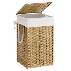 songmics laundry hamper with lid, 17.2 gallon (65l) synthetic rattan clothes laundry basket with lid and handles, foldable, removable liner, natural ulcb165n01