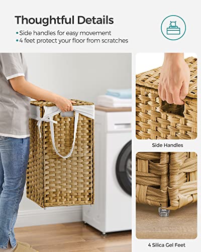 SONGMICS Laundry Hamper with Lid, 17.2 Gallon (65L) Synthetic Rattan Clothes Laundry Basket with Lid and Handles, Foldable, Removable Liner, Natural ULCB165N01