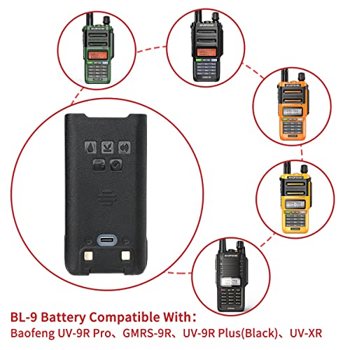 Baofeng UV-9R Waterproof Battery Support Type-C Charge BL-9 2800 mAh Li-ion 7.4V Replacement Two-Way Radio Battery for UV-9R Pro UV-9G GMRS-9R UV-9R Plus BF-T57 Walkie Talkies