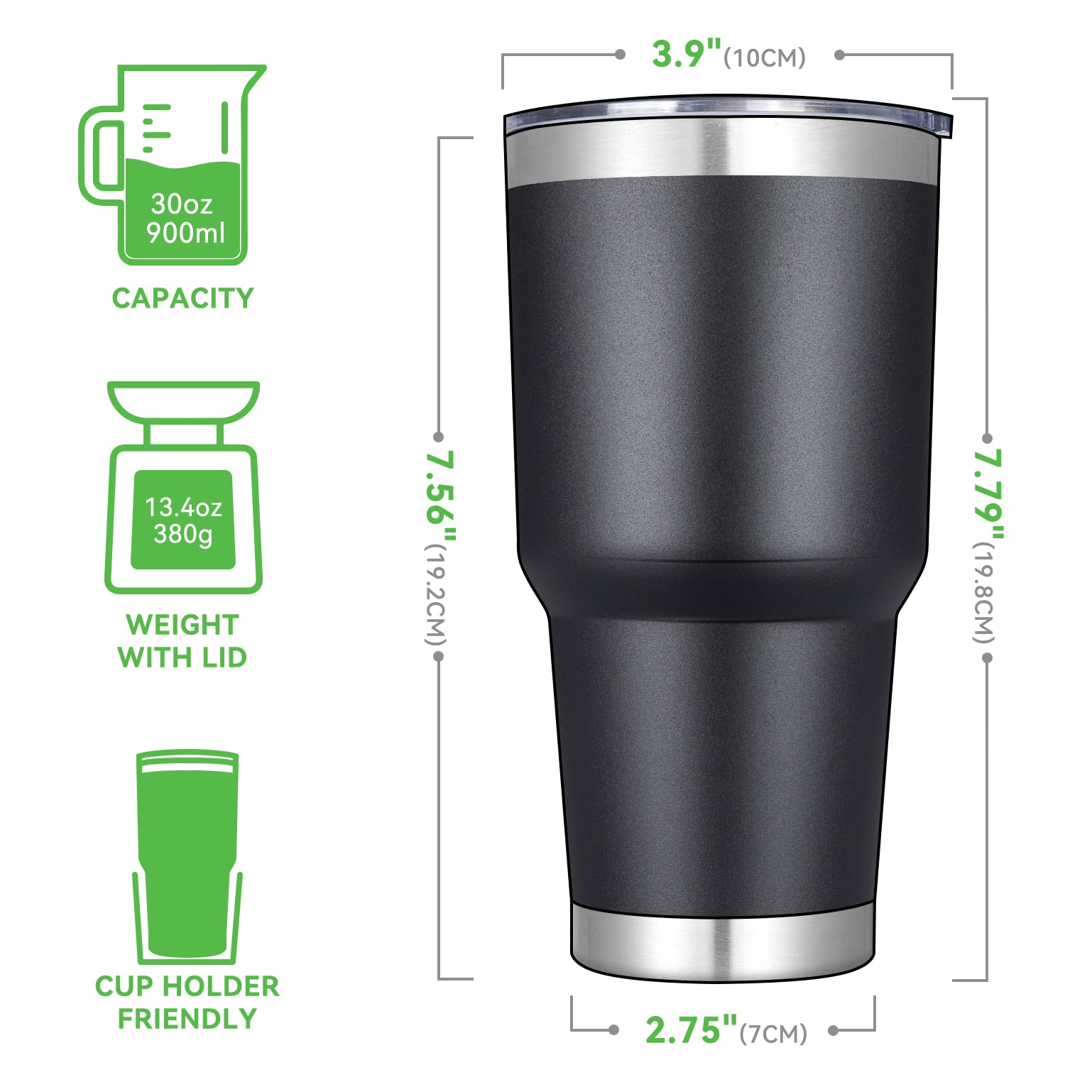 DOMICARE 30 oz Tumbler with Lid and Straw, Stainless Steel Tumblers Bulk, Insulated Vacuum Double Wall Travel Coffee Mug, Durable Powder Coated Tumbler Cups (Black, 8)