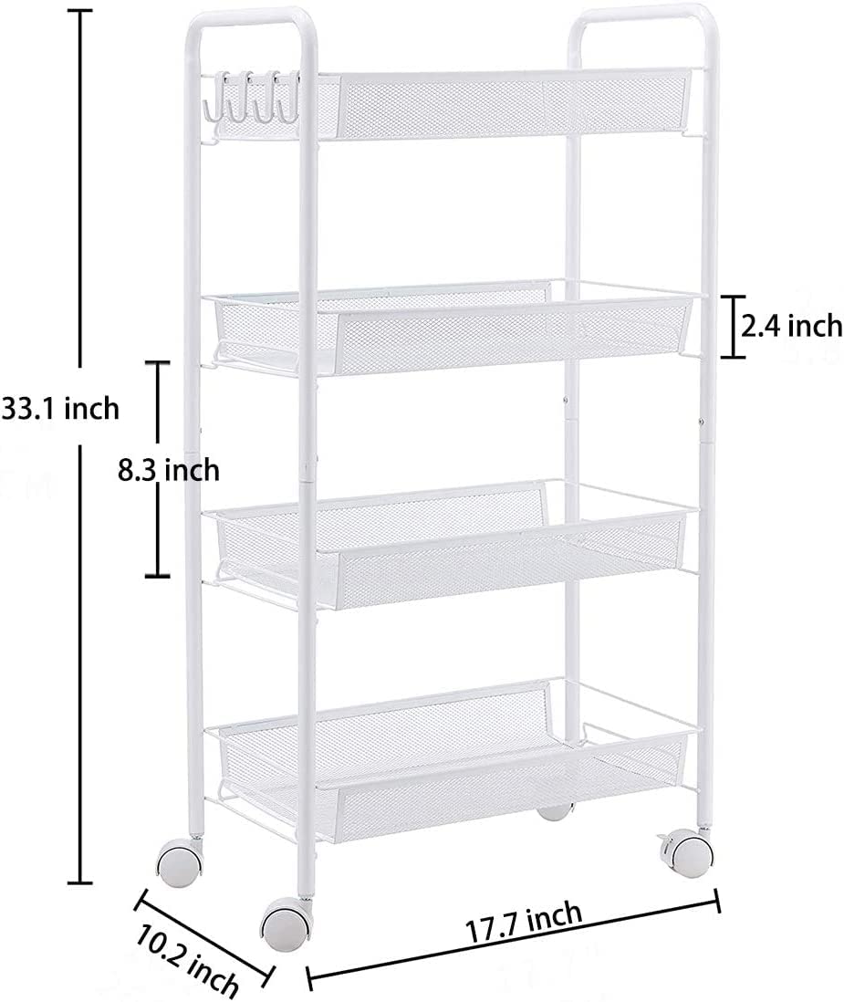 Rolling Utility Storage Rack Cart on Wheels, Trolley Carft cart, Multi-Purpose Organizer Shelf (White, 4 Tier)