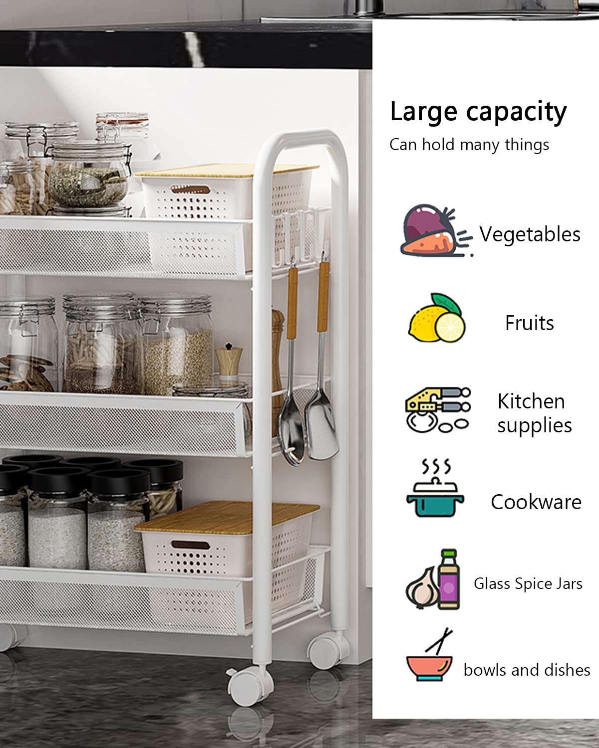 Rolling Utility Storage Rack Cart on Wheels, Trolley Carft cart, Multi-Purpose Organizer Shelf (White, 4 Tier)