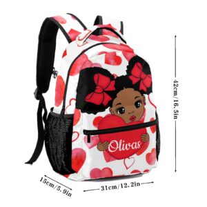 BEYODD Custom Kids Backpack, Personalized Student School Bags for Boys & Girls, Bookbags for Travel Red Hearts Black Girl