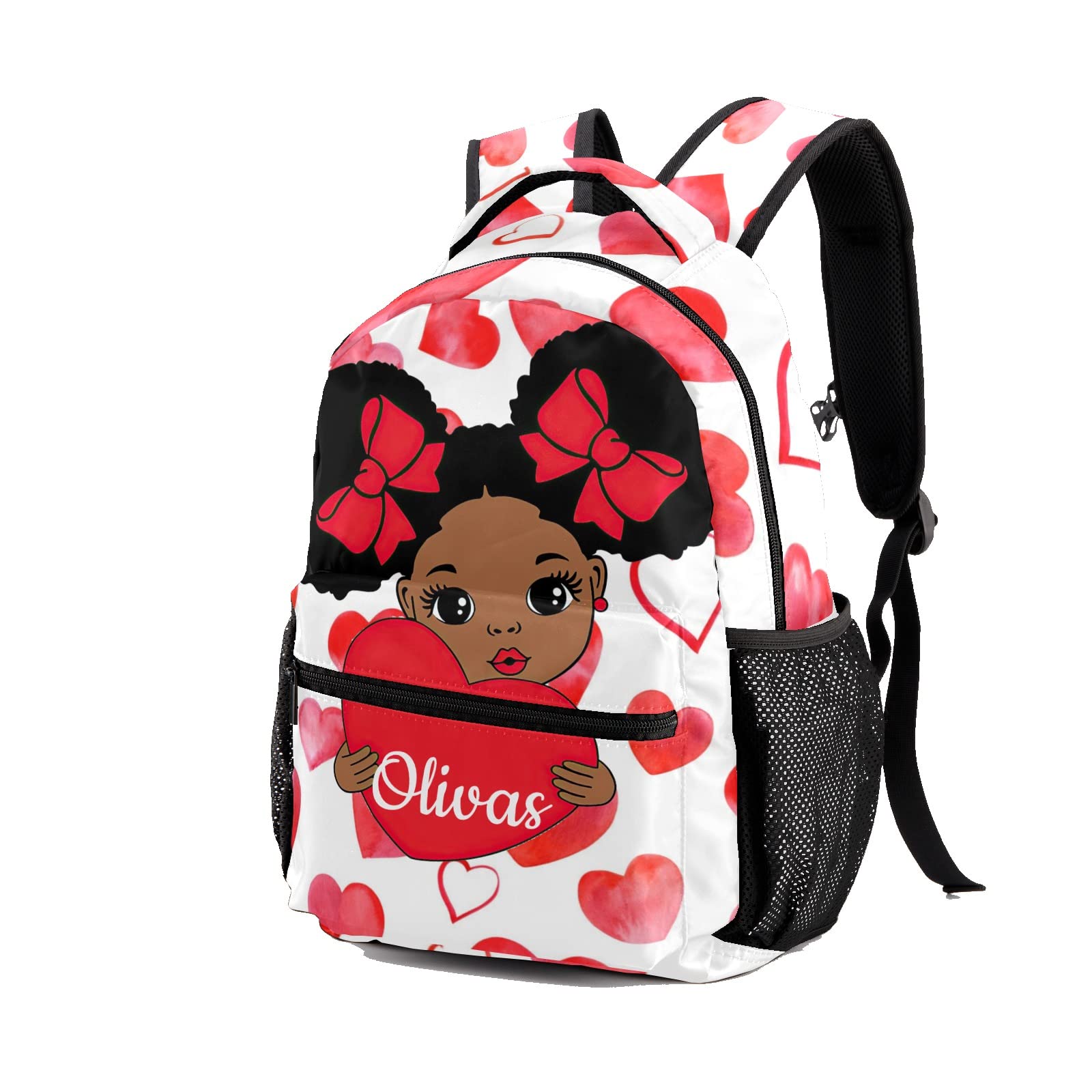 BEYODD Custom Kids Backpack, Personalized Student School Bags for Boys & Girls, Bookbags for Travel Red Hearts Black Girl