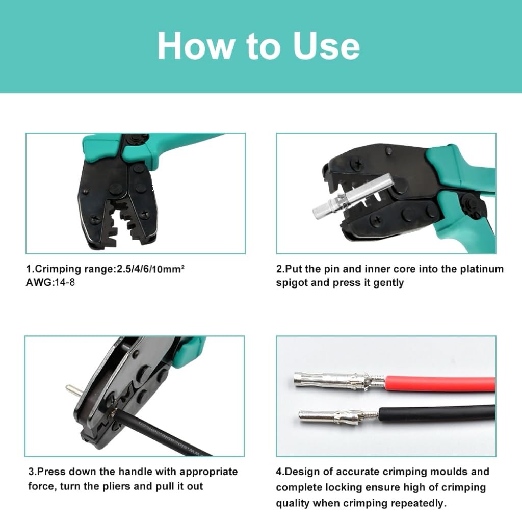 Solar PV Cable Crimping Tool for Solar Connectors, AWG14/12/10/8, 2.5/4/6/10mm2, Solar Crimper (red)